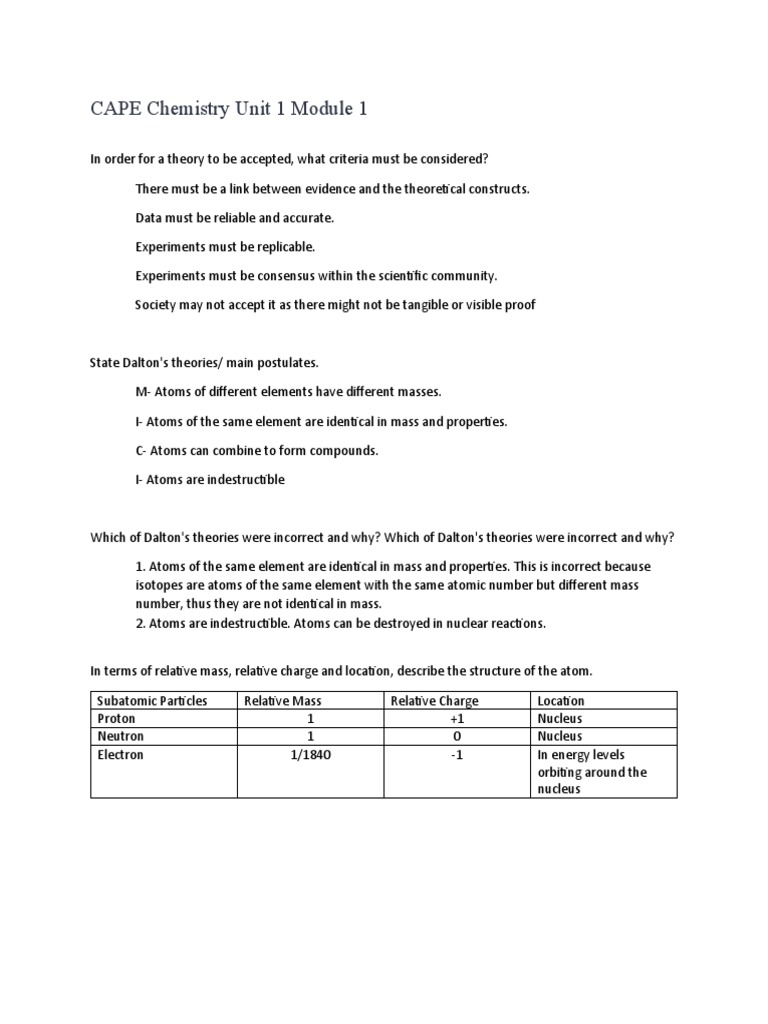 CAPE Chemistry Unit 1 | PDF