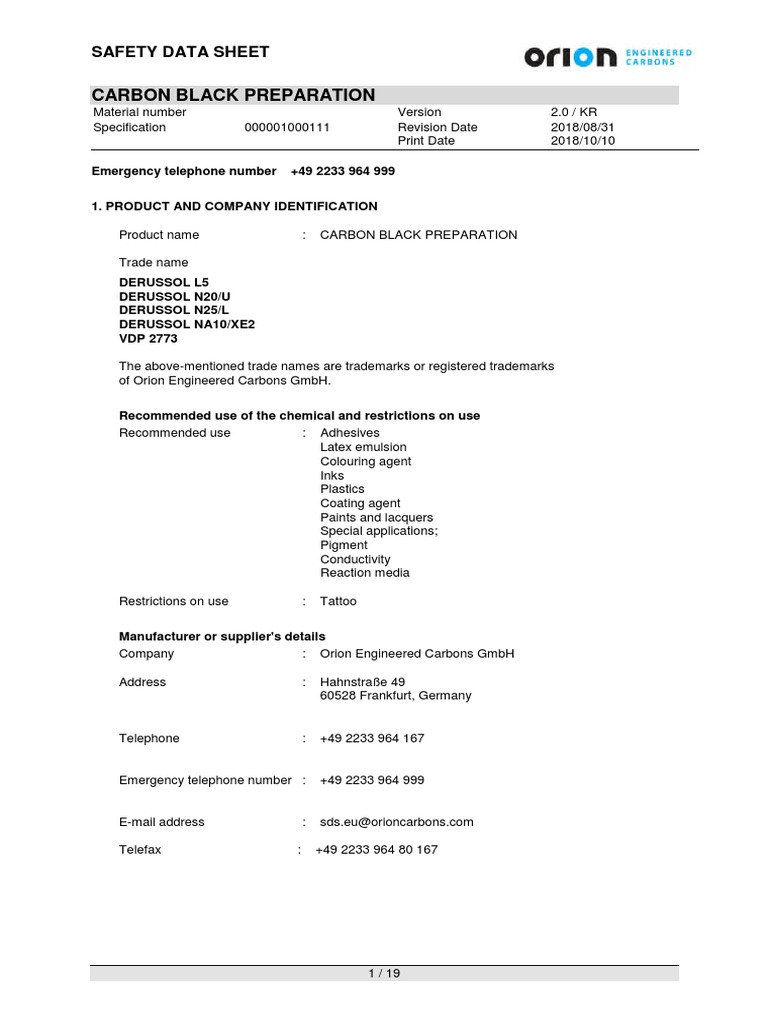 Safety Data Sheet for Carbon Black Preparation | PDF | Personal Protective Equipment | Chemistry