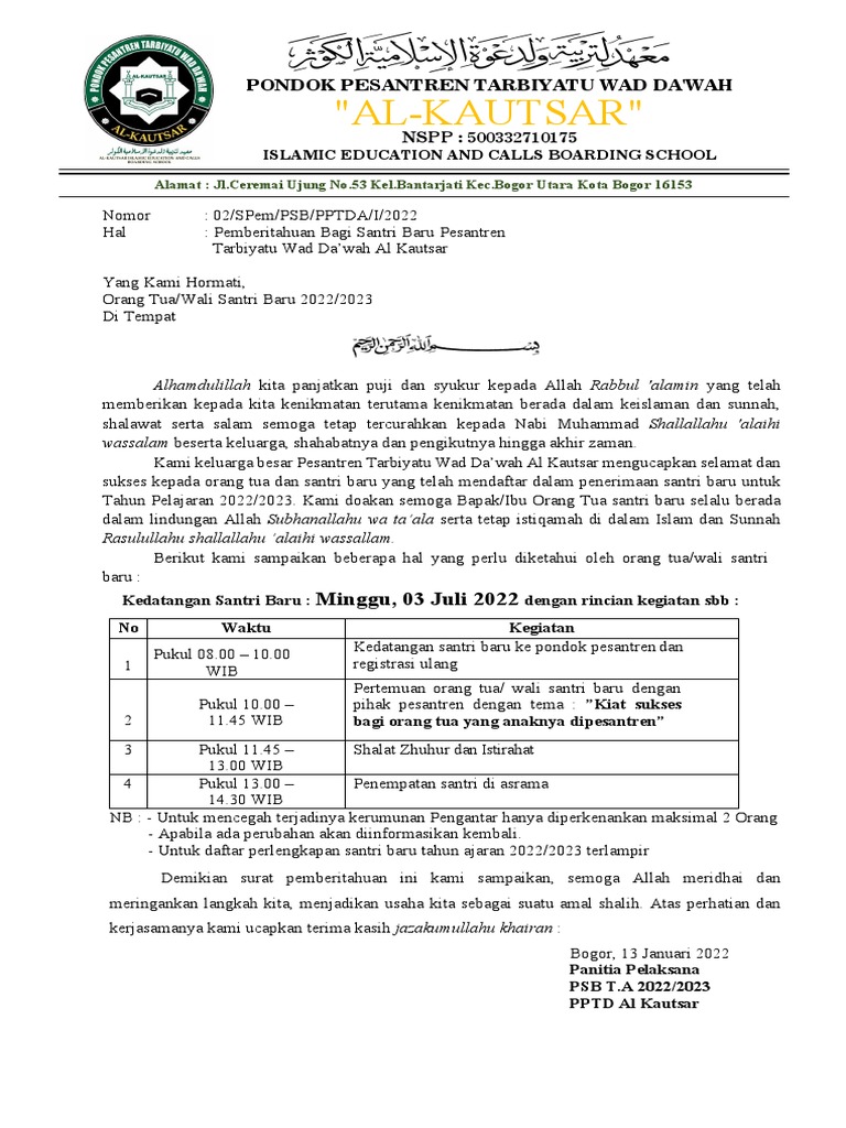 Surat Pemberitahuan Awal Masuk Dan Perlengkapan Santri Baru 2022-2023 | PDF