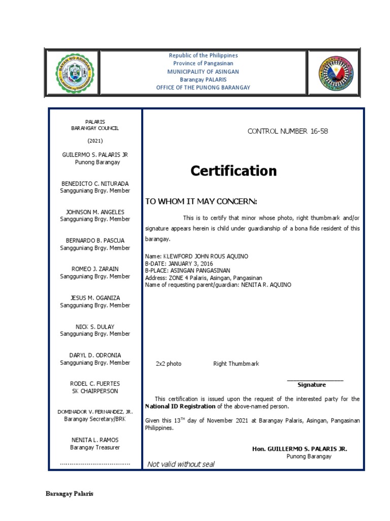 Certification For NATIONAL ID MINOR | PDF