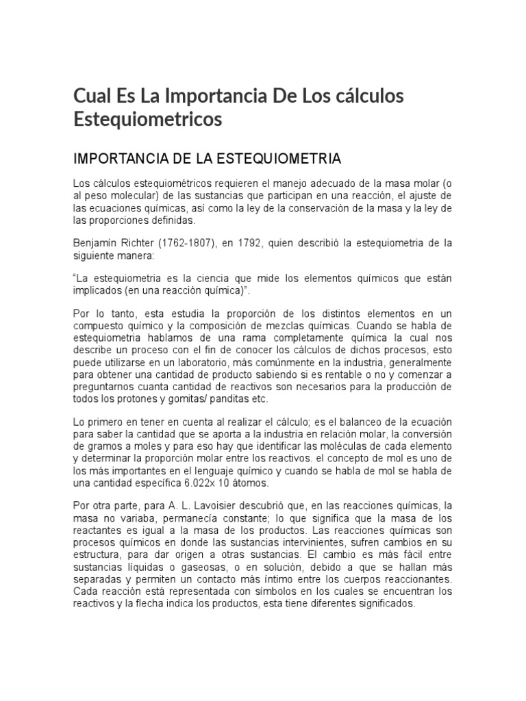 Cual Es La Importancia de Los Cálculos Estequiometricos | PDF | Estequiometría | Reacciones químicas