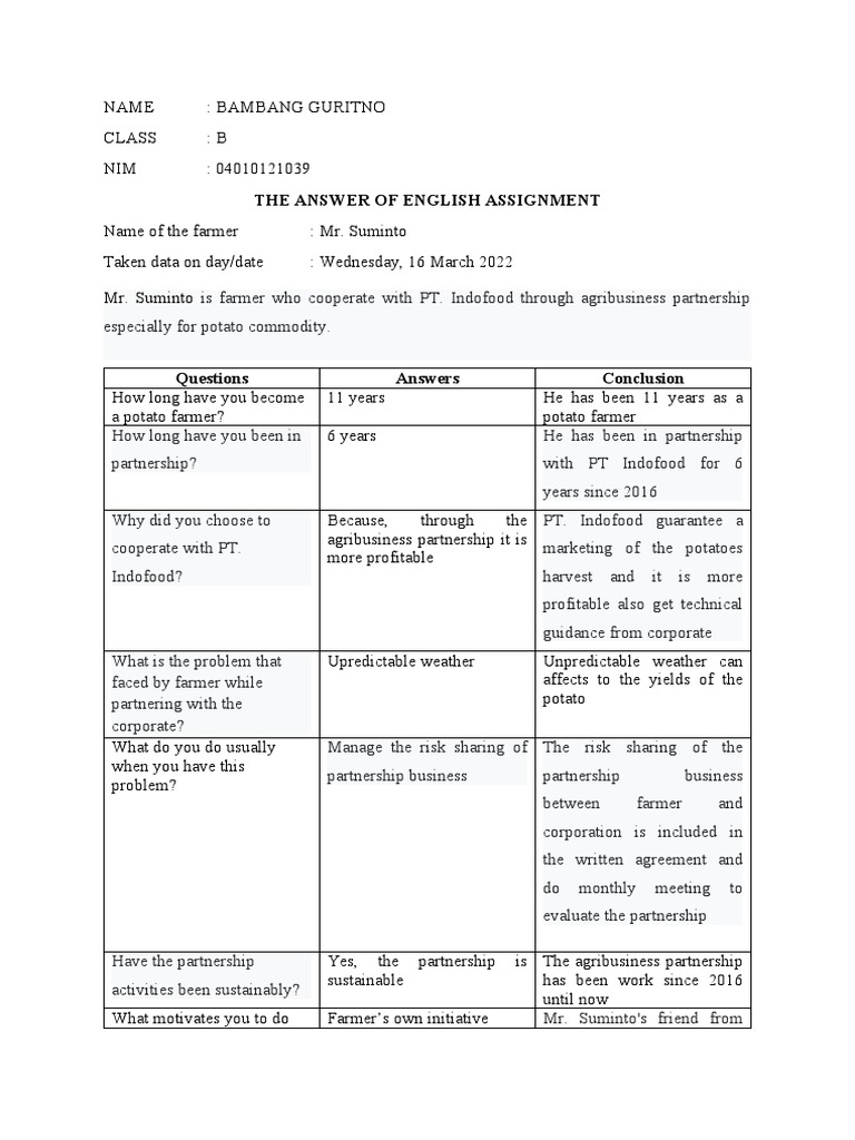 The Answer of English Assignment (Interview With Farmer) | PDF ...