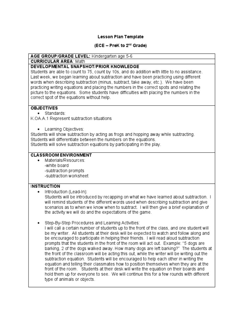 Lesson Plan Template (Ece - Prek To 2 Grade) Age Group/Grade Level ...