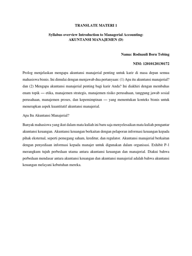 TRANSLATE MATERI 1 - Syllabus Overview Introduction To Managerial Accounting | PDF