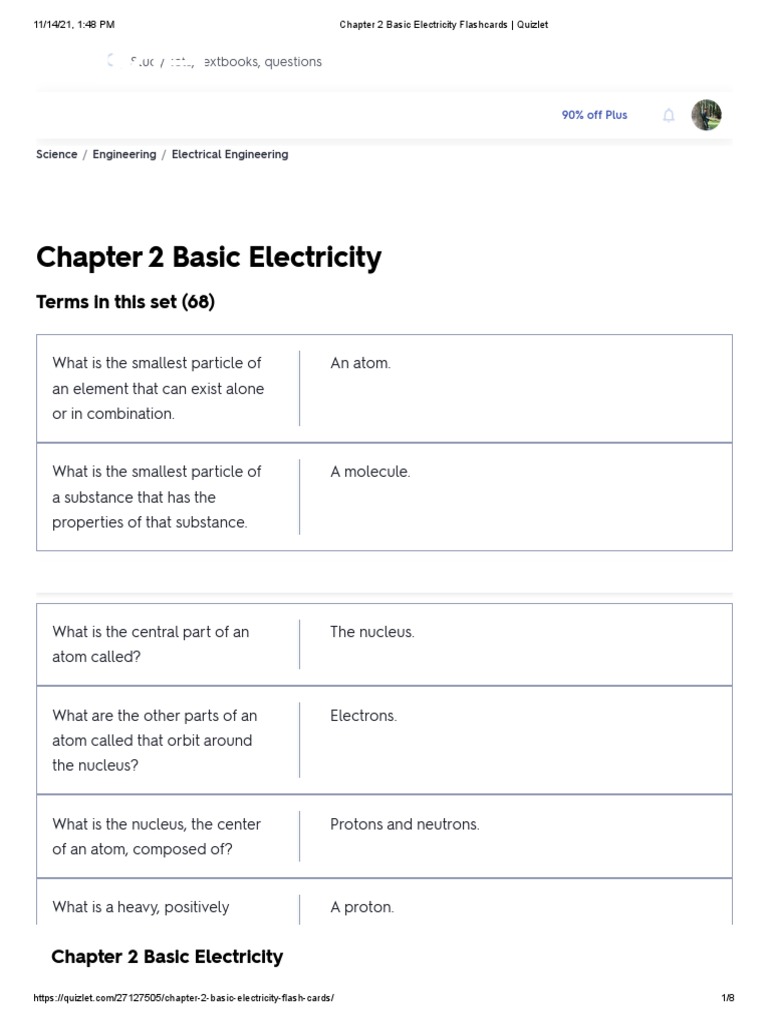 Chapter 2 Basic Electricity Flashcards - Quizlet | PDF | Volt | Atoms
