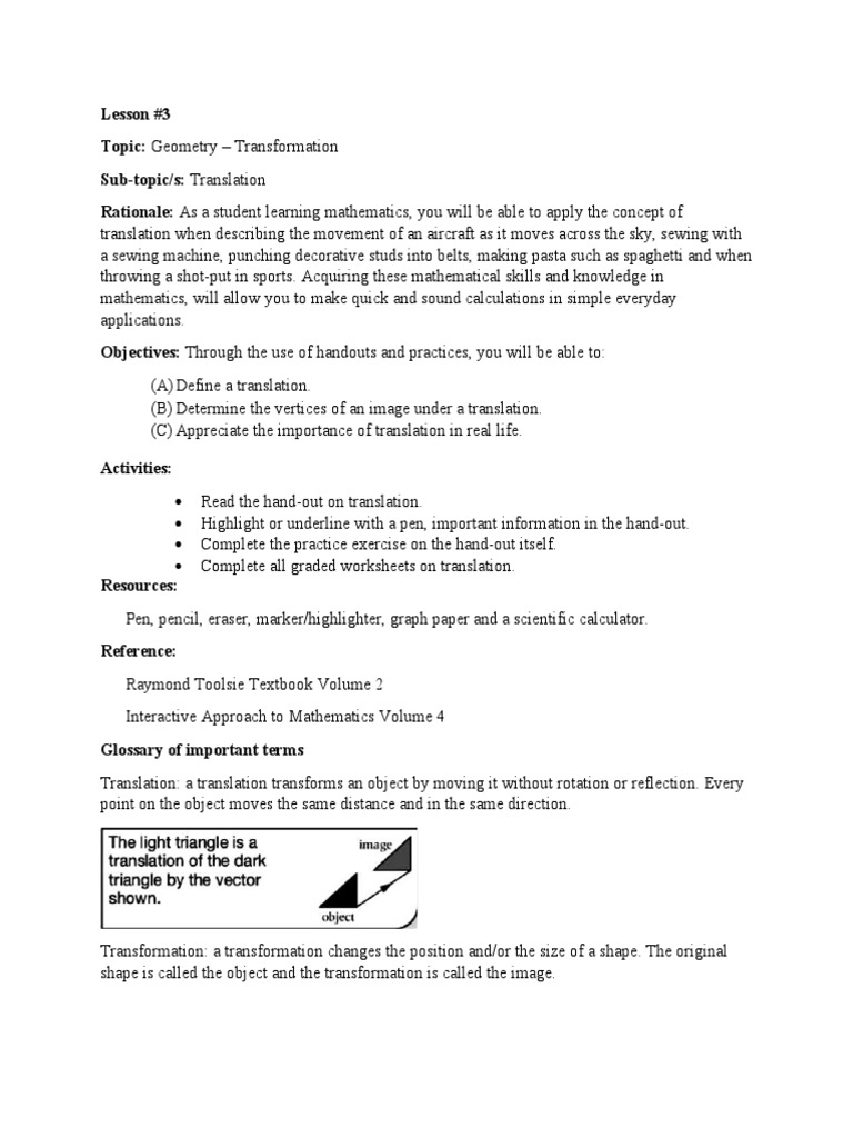Translation Transformation Lesson Plan For Module 4 For Fourth Form ...