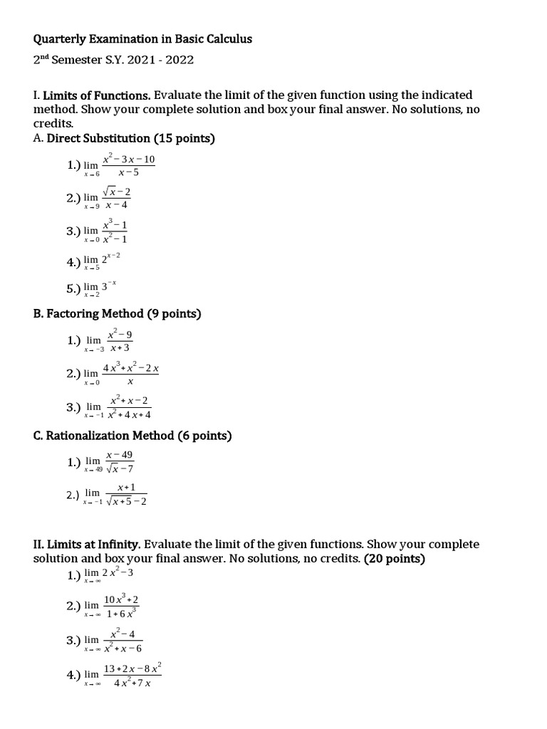 Quarterly Examination in Basic Calculus | PDF
