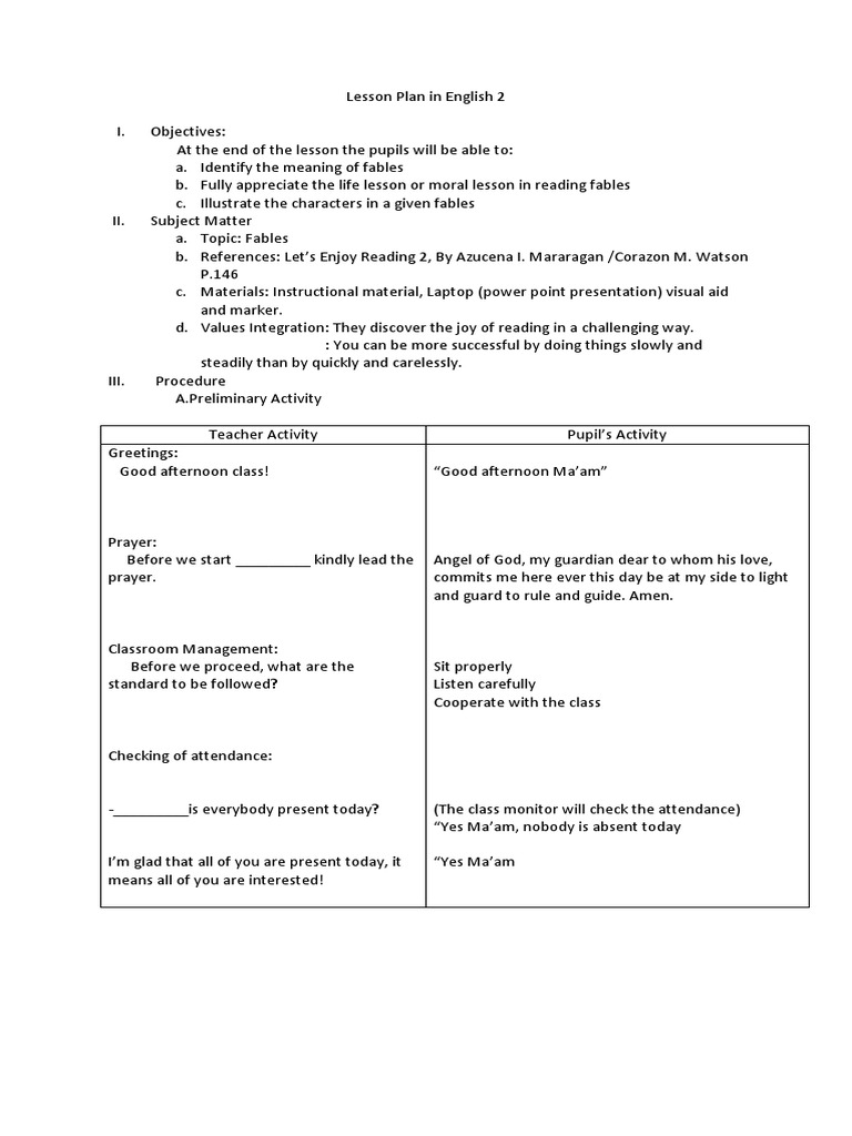 Fables Lesson Plan for Grade 2 | PDF | Fable | Lesson Plan