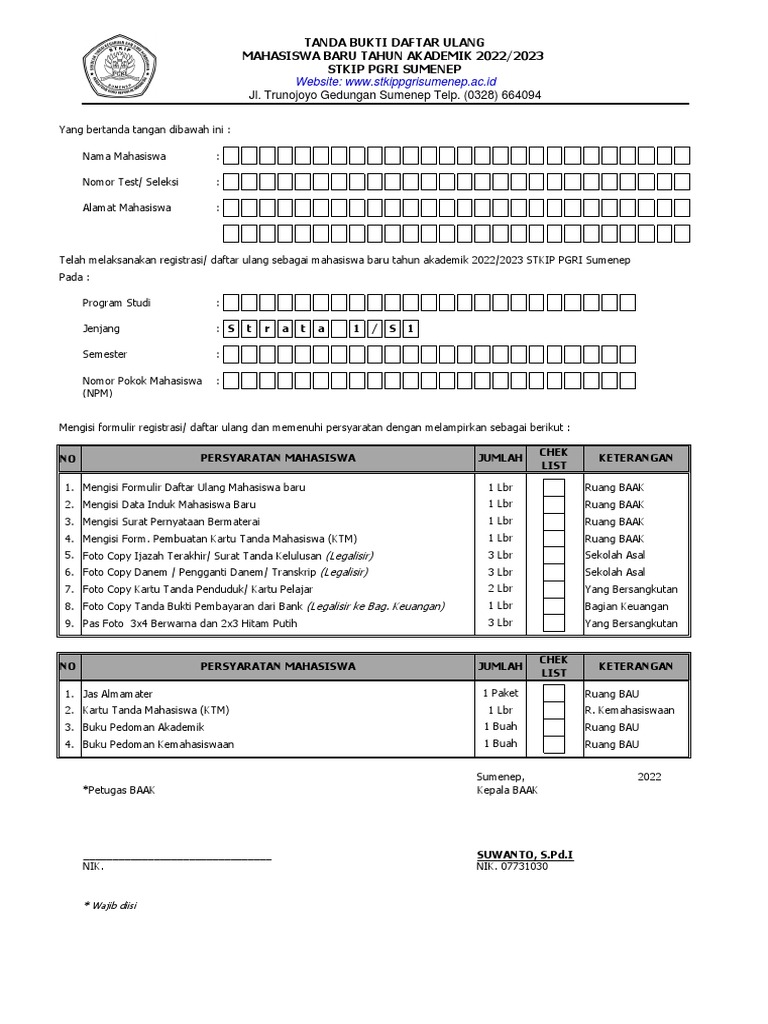 Form Daftar Maba Ulang 2022 2023 | PDF