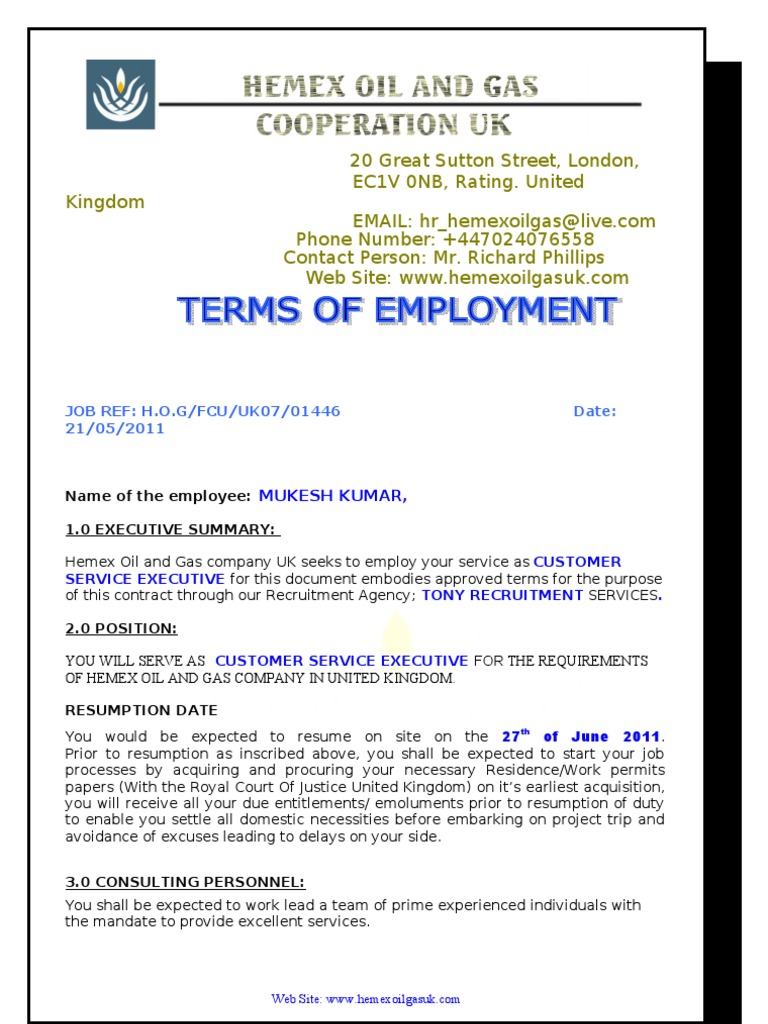 Appointment Letter From Hemxe Oil and Gas Company Uk | Employment | Salary