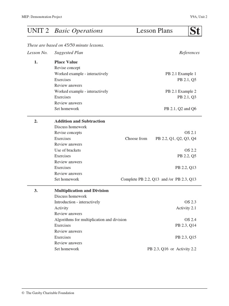 UNIT 2 Basic Operations Lesson Plans: These Are Based On 45/50 Minute ...