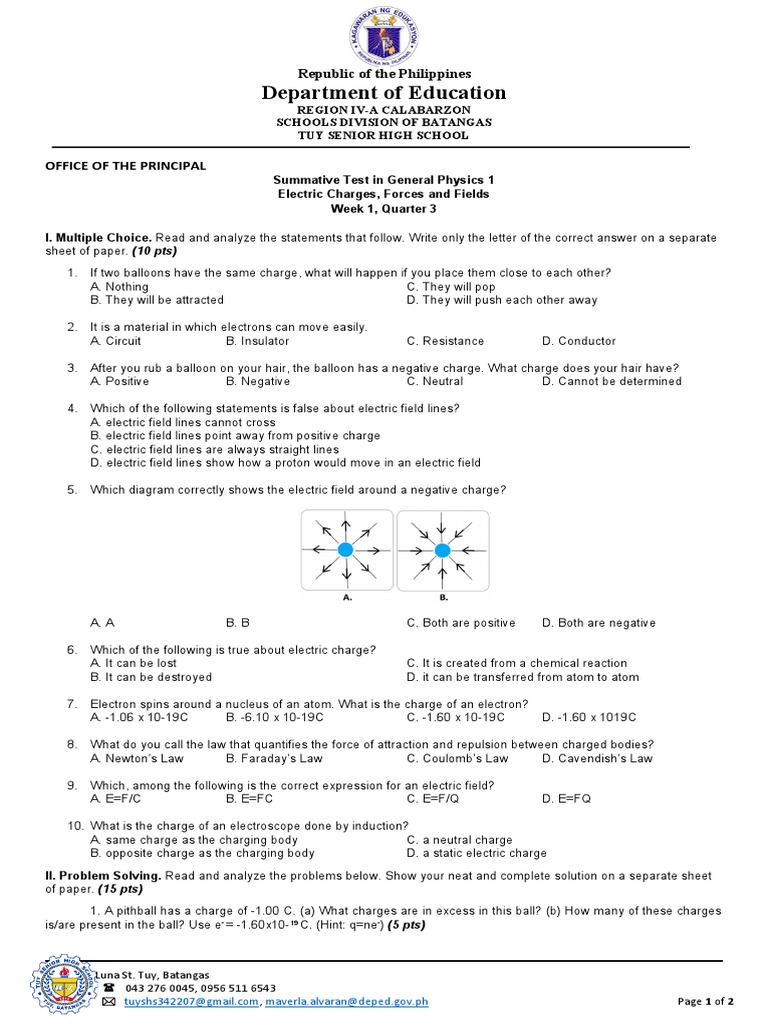 General Physics 1: Electric Charges Test | PDF | Electric Charge ...