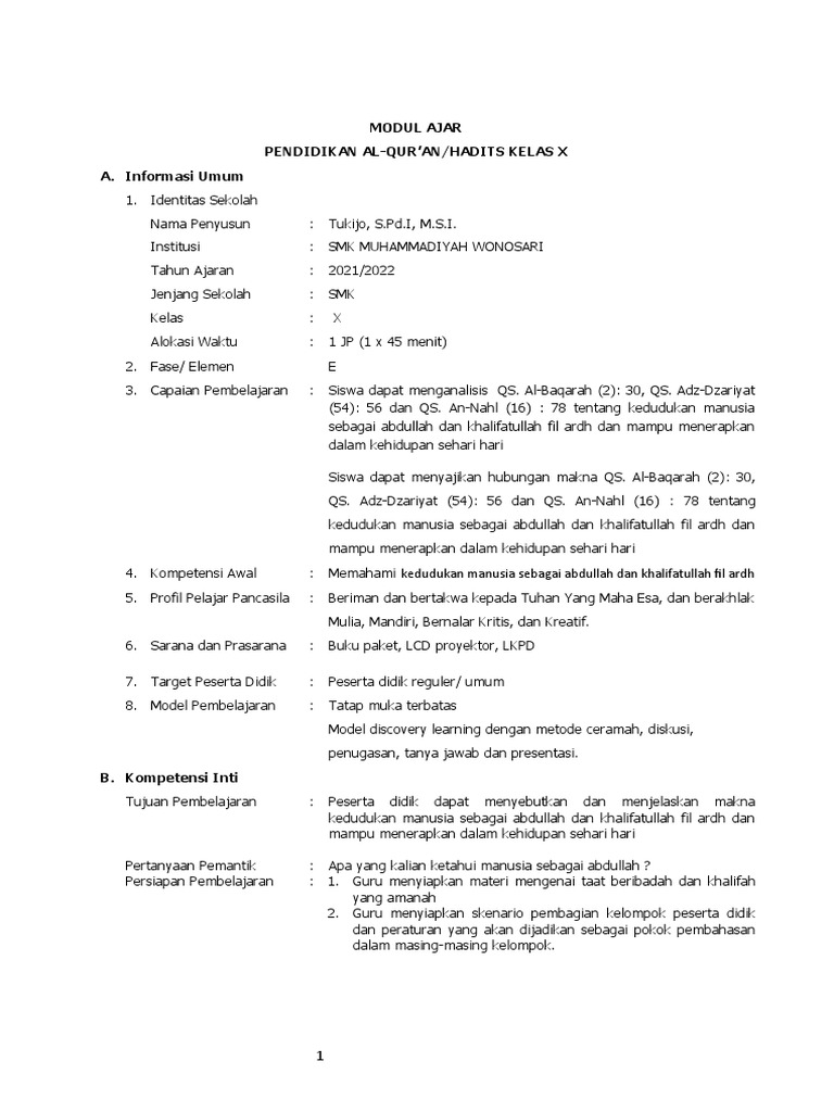MODUL AJAR - Al-Qur'an Hadits | PDF