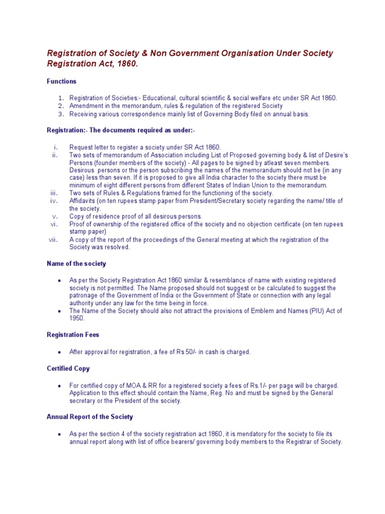 Society Registration Under Act 1860 | PDF | Board Of Directors | Affidavit