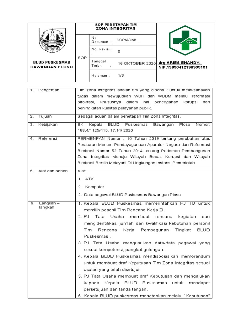Sop Penetapan Tim Zona Integritas | PDF