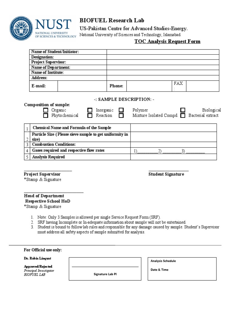 BIOFUEL Research Lab: TOC Analysis Request Form | PDF | Chemistry ...