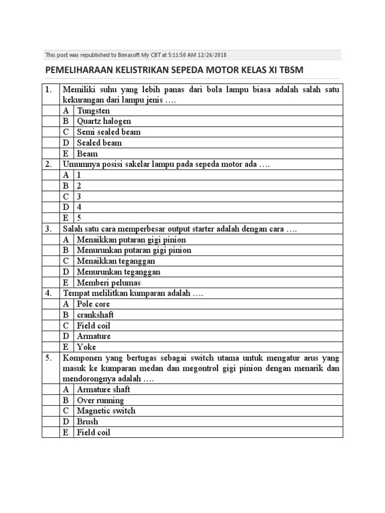 Soal Ujian PKSM Kelas Xi TBSM | PDF | Griya & Taman