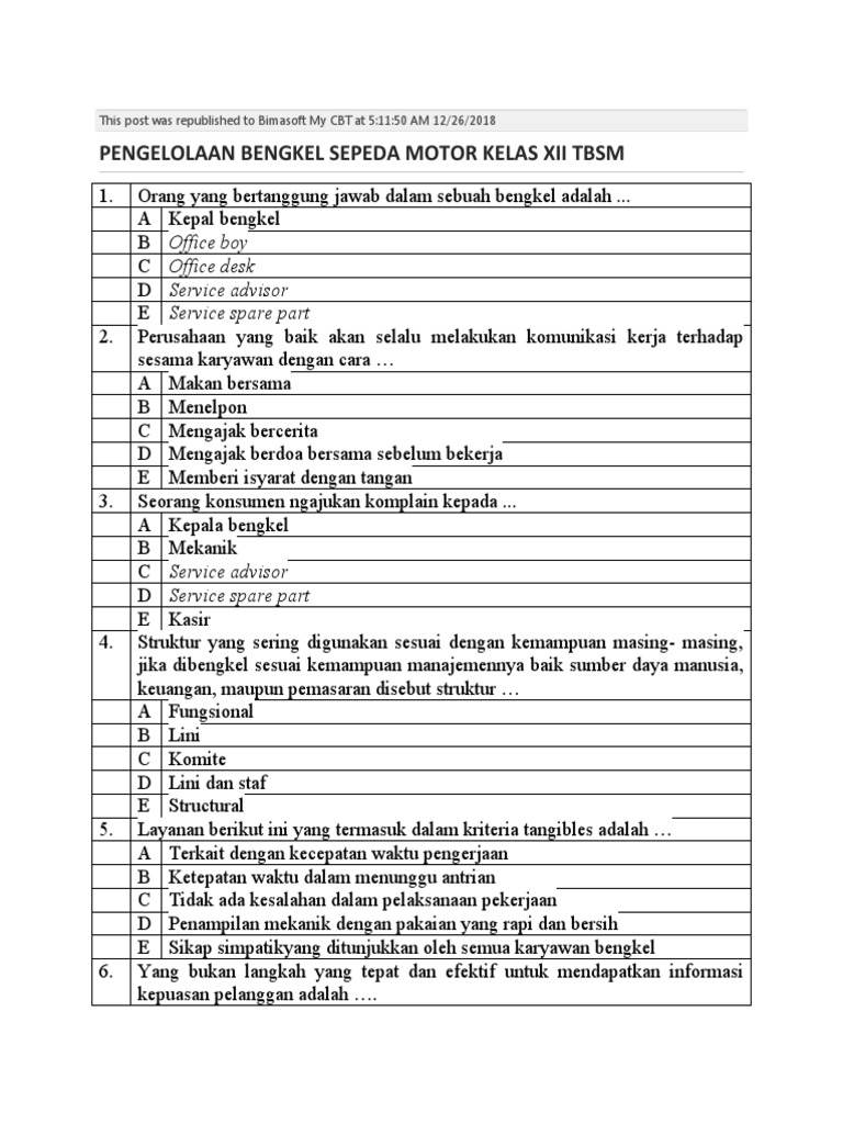 Soal PBSM Kelas Xii TBSM | PDF