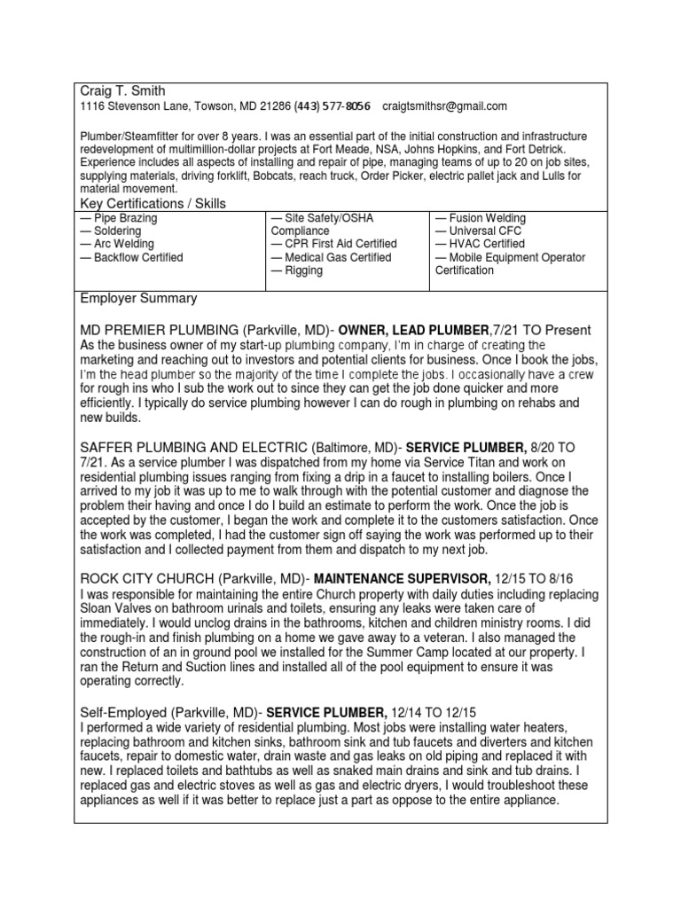 Craig's Resume UPDATED 2022 | PDF | Plumbing | Bathroom