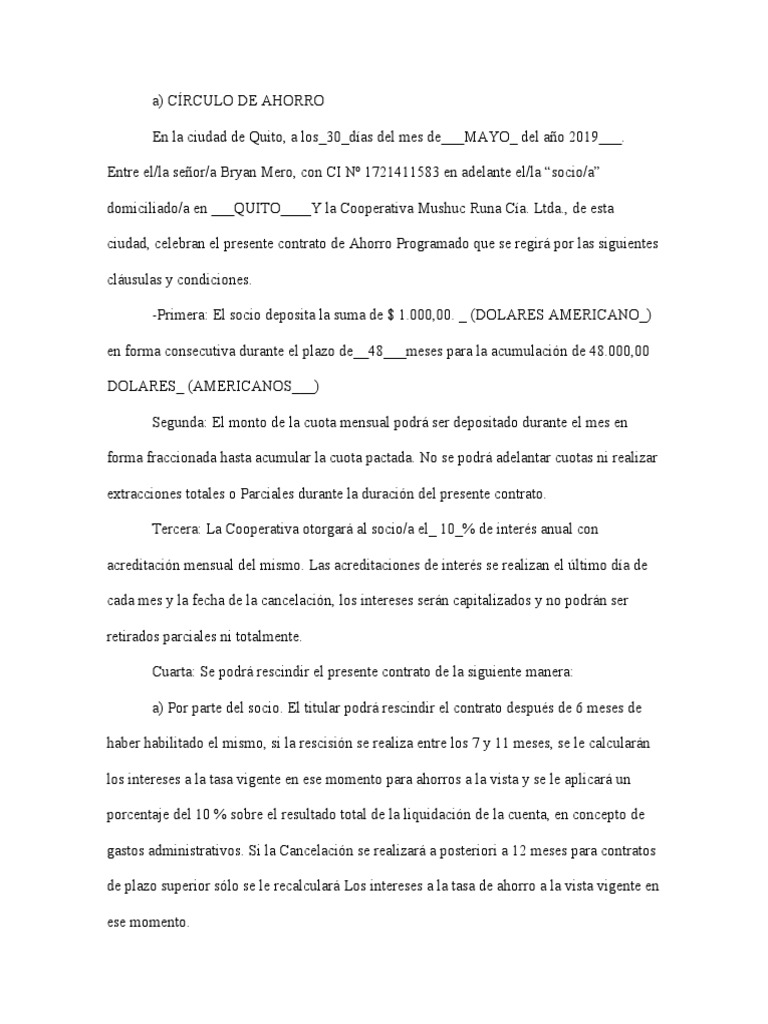Contrato Circulo de Ahorro | PDF