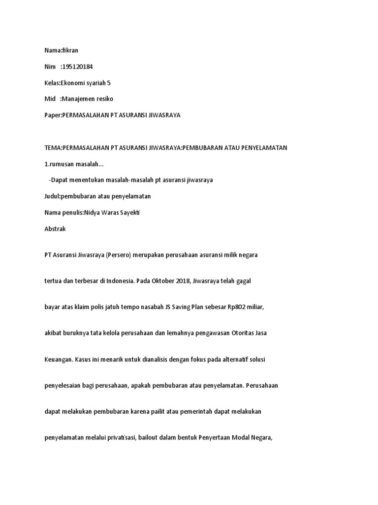 Tugas Paper Manajemen Resiko Fikran | PDF