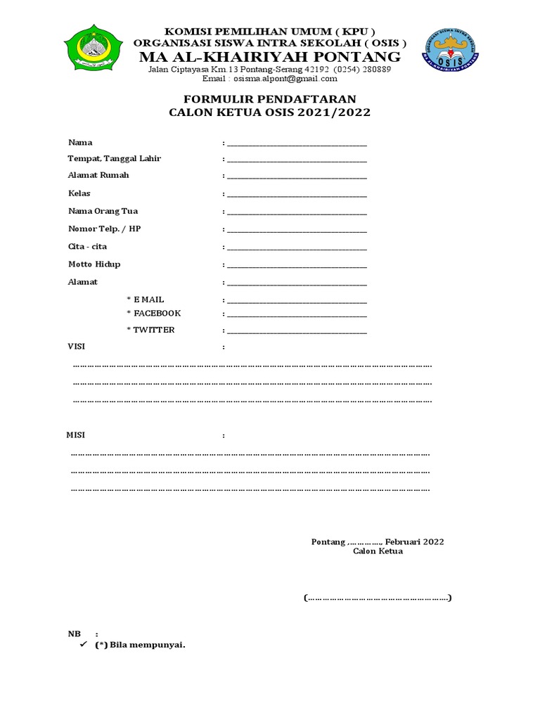 Formulir Pendaftaran Ketua Osis | PDF