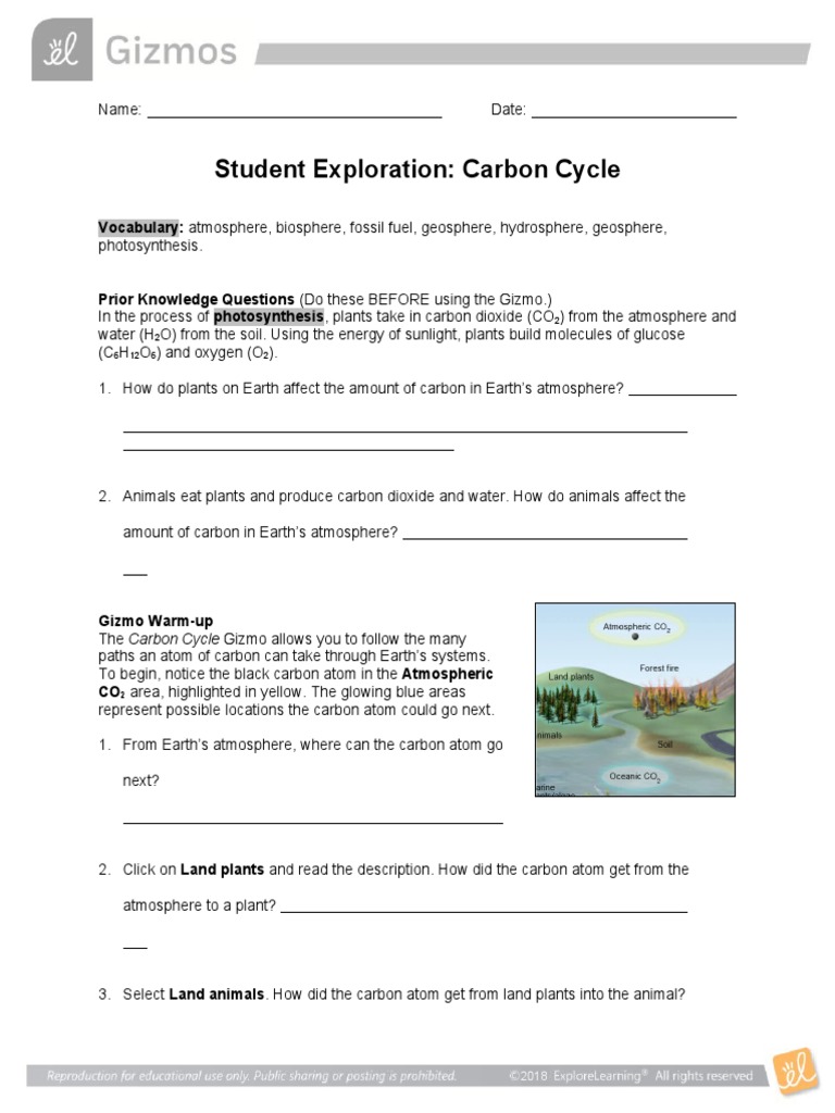 Student Exploration: Carbon Cycle: Vocabulary: Atmosphere, Biosphere ...