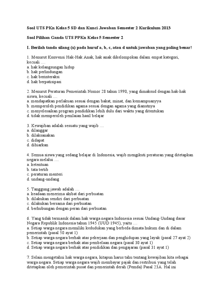 Soal UTS PKN Kelas 5 SD Dan Kunci Jawaban Semester 2 Kurikulum 2013 | PDF