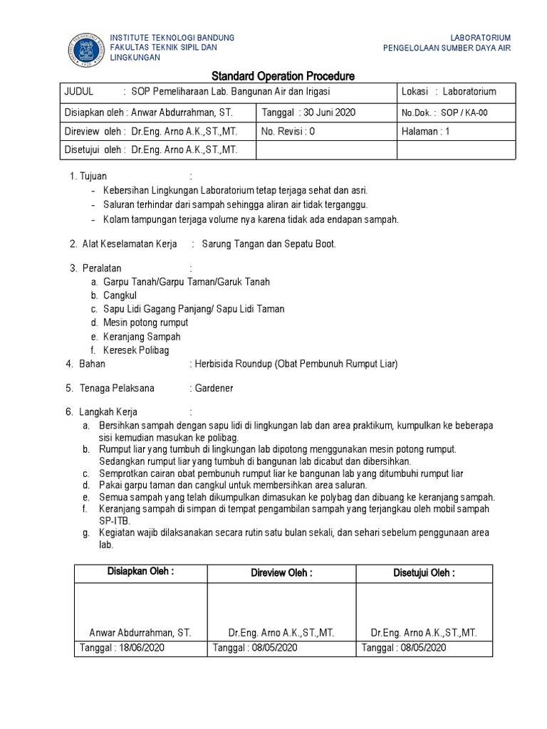 SOP Pemeliharaan Laboratorium Air | PDF | Sains & Matematika | Teknologi & Rekayasa