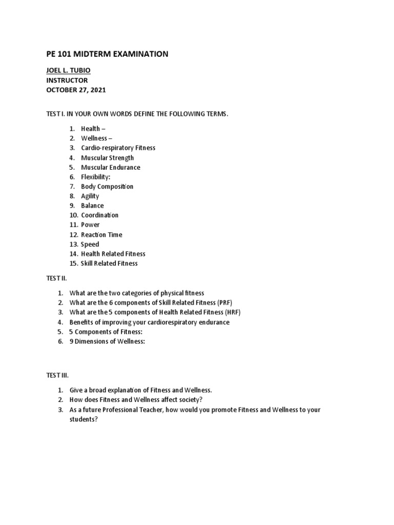 Pe 101 Midterm Examination: Joel L. Tubio Instructor OCTOBER 27, 2021 | PDF