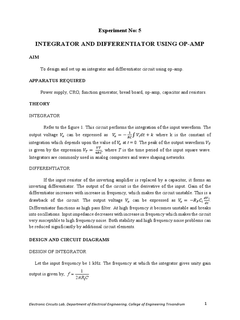 05 Differentiator Integrator | PDF | Operational Amplifier | Electrical ...