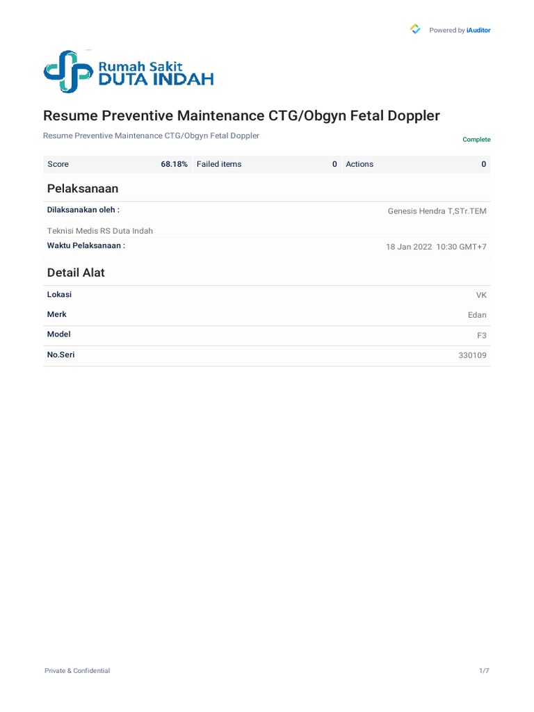 Resume Preventive Maintenance CTG Obgyn Fetal Doppler | PDF