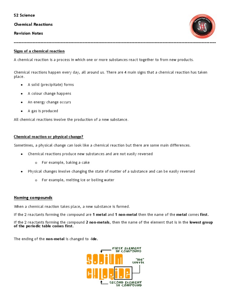 S2 Chemical Reactions Revision Notes | PDF | Chemical Reactions ...
