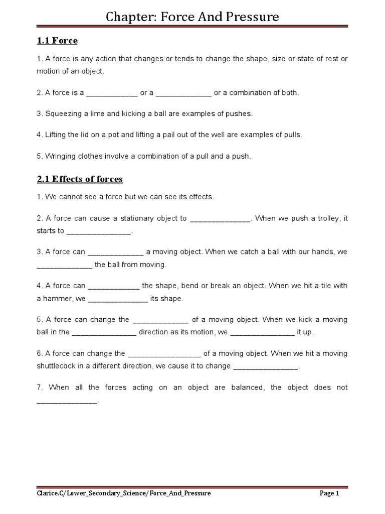 Force and Pressure Student Notes (With Hidden Answers) | PDF | Weight ...