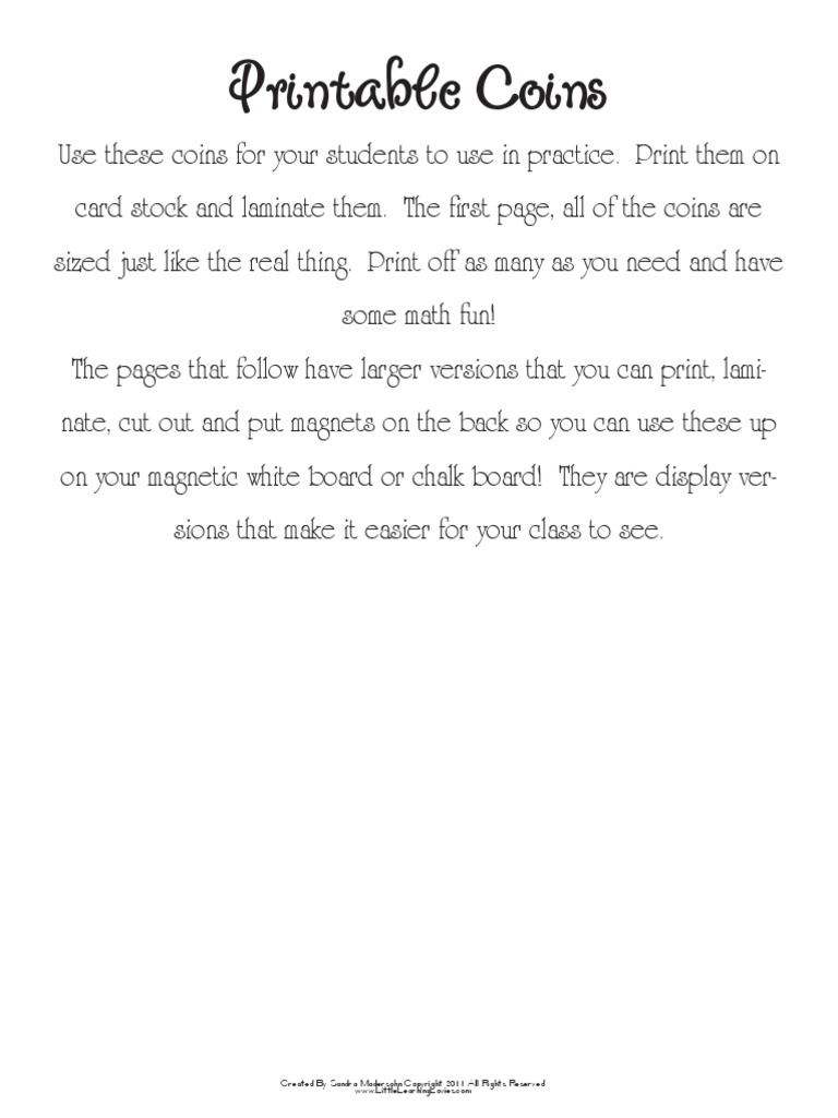 Printable Coin Templates for Classrooms | PDF | Games & Activities ...