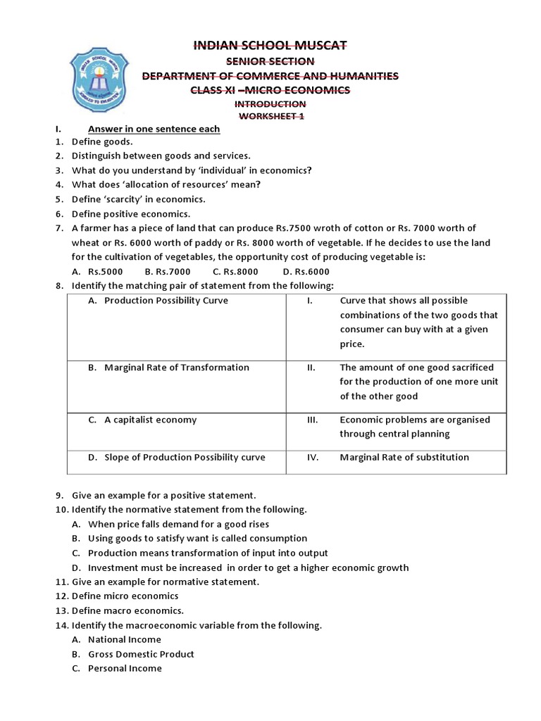 2020-2021 Class Xi Microeconomics Chapter 1 Introduction Worksheet No 1 ...