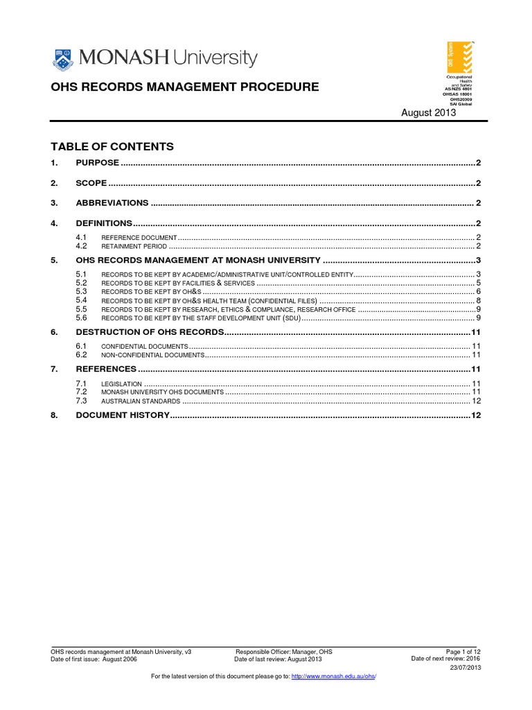 Ohs Records Management Procedure: August 2013 | PDF | Occupational ...