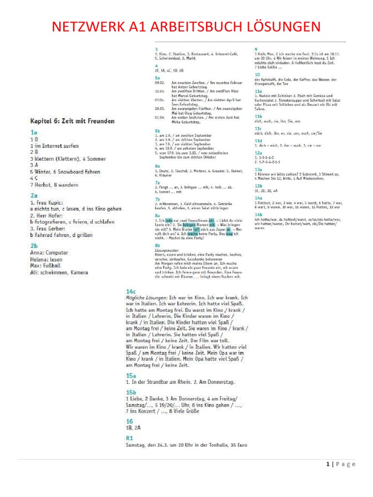 Netzwerk A1 Arbeitsbuch Lösungen | PDF