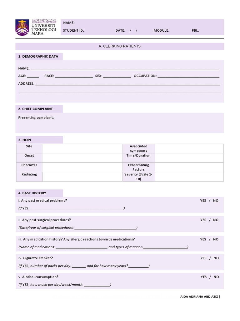 Clerking Sheet - Updated | PDF | Medical Imaging | Diseases And Disorders