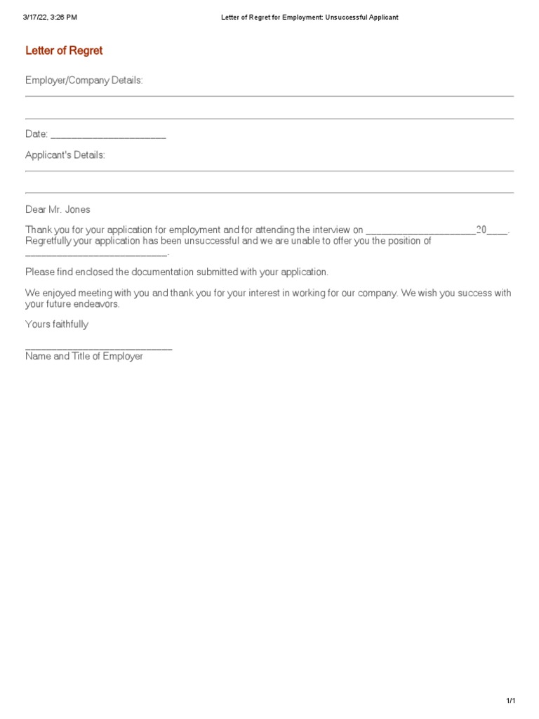 Employment Regret Letter Template | PDF | Career & Growth