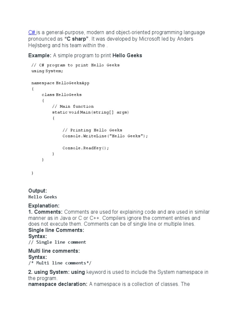 C Hello World Program Explained Pdf C Sharp Programming Language Class Computer