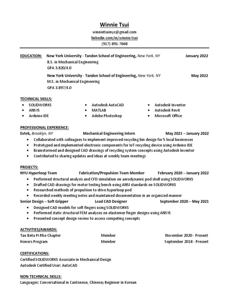 Winnie Tsui - Resume | PDF | Autodesk | Mechanical Engineering