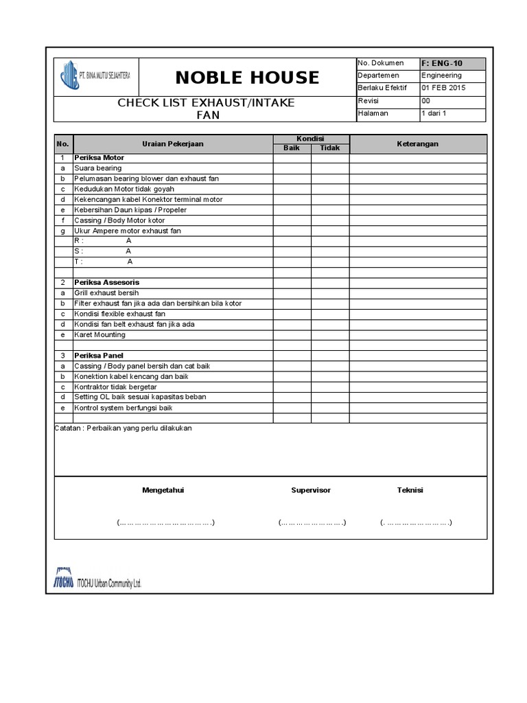 Checklist Perawatan Exhaust Fan | PDF