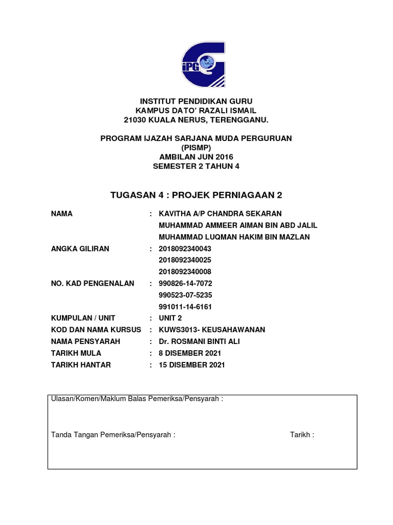 Tugasan 4 - Projek Perniagaan Kumpulan (KUWS3013) | PDF
