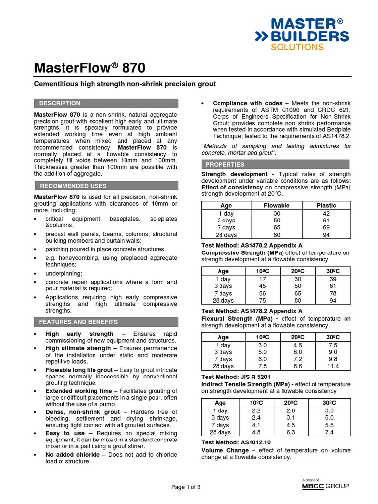 Masterflow 870: Cementitious High Strength Non-Shrink Precision Grout ...