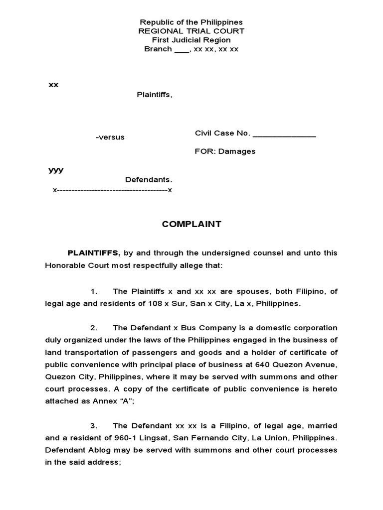 Civil Case Complaint for Damages | PDF | Negligence | Damages