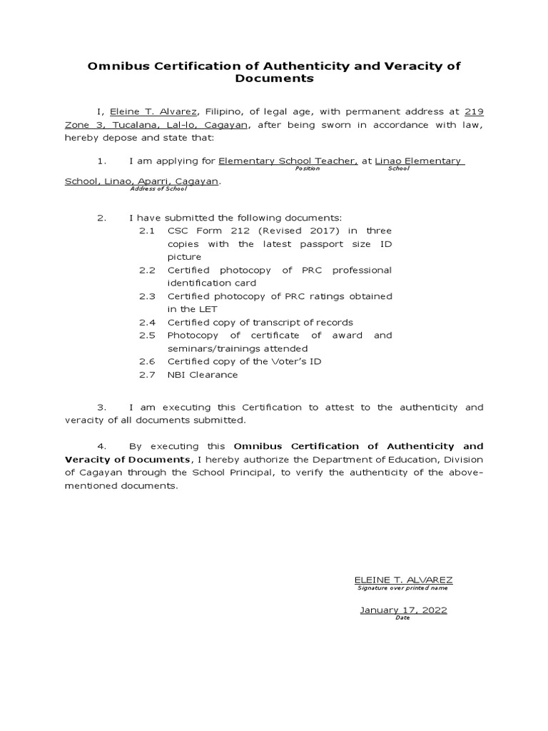Omnibus Certification for Teacher Application | PDF