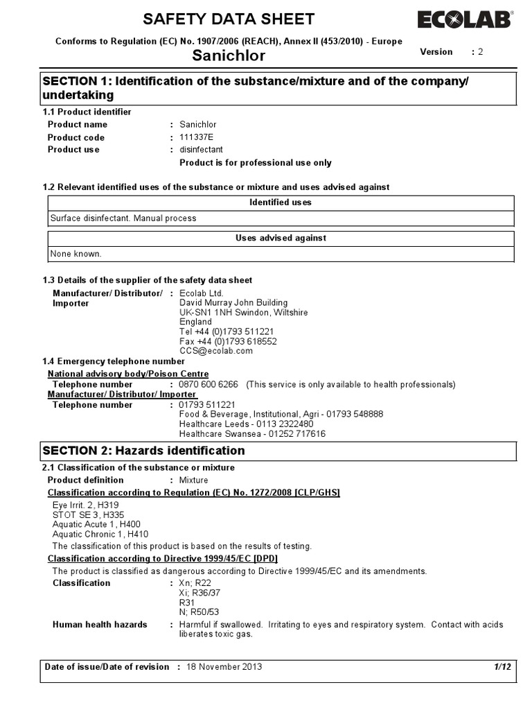 Safety Data Sheet for Sanichlor Disinfectant: Hazards, Composition, and ...