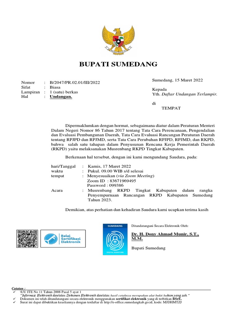 Surat - Undangan - Musrenbang RKPD Tingkat Kabupaten - Zoom Meeting | PDF