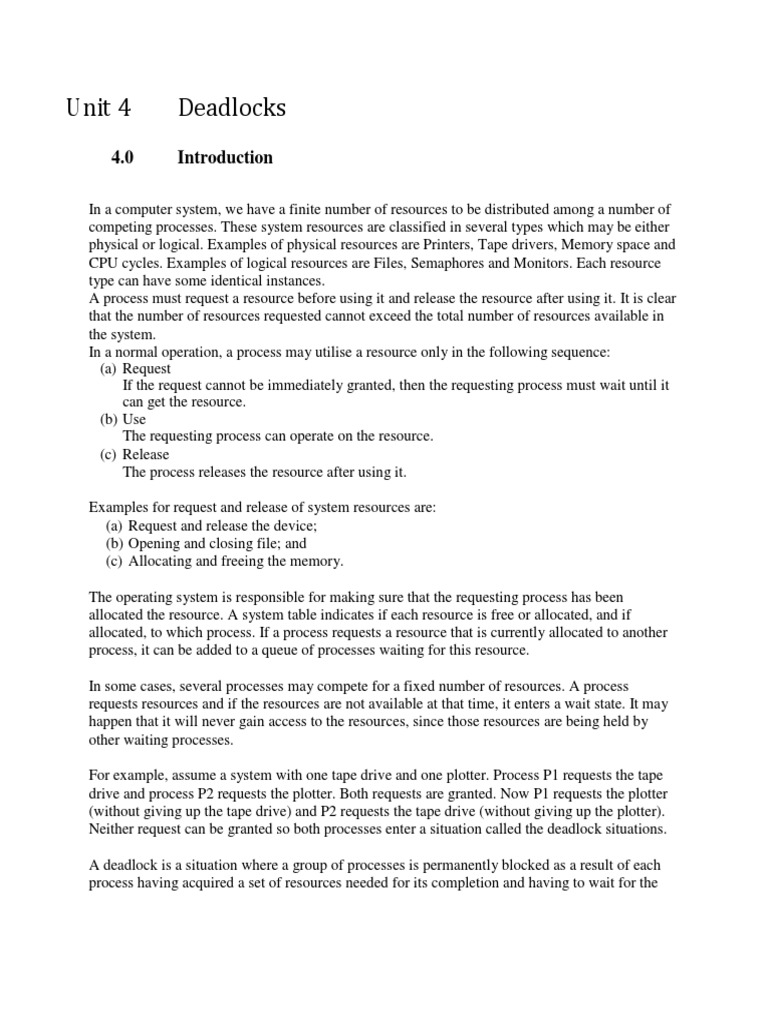 Unit 4 Deadlocks | PDF | Process (Computing) | Computer Architecture